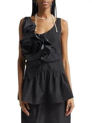 Simone Rocha Pressed Rosette Tilted Taffeta Peplum Top - Black/black