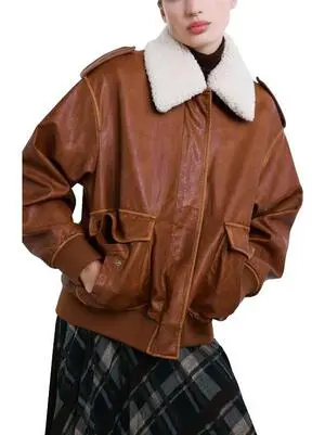 Mango Faux Leather Jacket With Removable Faux Shearling Collar - Brown