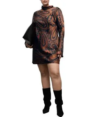 Mango Paisley Long-sleeve Satin Dress - Burnt Orange