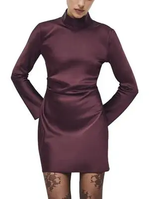 Mango Pleated Long-sleeve Satin Dress - Cherry