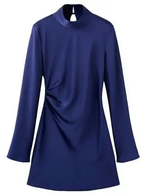Mango Pleated Long-sleeve Satin Dress - Indigo Blue