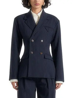 Manière De Voir Maia Pinstripe Double Breasted Blazer - Navy