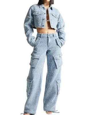 Manière De Voir High Waisted Boucle Denim Cargo Pants - Mid Blue