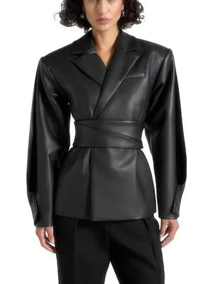 Manière De Voir Twist Sleeve Vegan Leather Blazer - Black