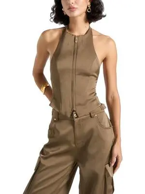Manière De Voir Claudette Satin Halterneck Top - Dark Olive