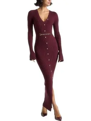 Manière De Voir Assia Long Sleeve Knitted Midaxi Dress With Belt - Wine Red