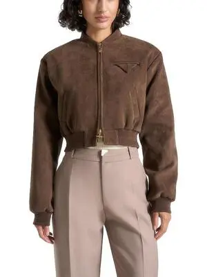 Manière De Voir Wide Shoulder Vegan Suede Bomber Jacket - Brown