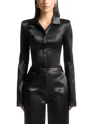 Manière De Voir Louise Satin Shirt Bodysuit - Black