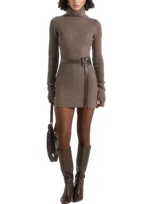 Manière De Voir Kalia Roll Neck Knitted Mini Dress With Belt - Taupe