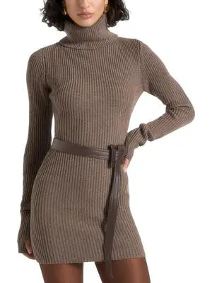 Manière De Voir Kalia Roll Neck Knitted Mini Dress With Belt - Taupe