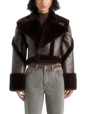 Manière De Voir Vintage Leather & Plush Gilet Jacket - Brown