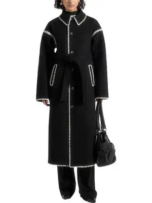 Manière De Voir Elora Wool Blanket Stitch Belted Longline Coat - Black