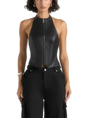 Manière De Voir Claudette Vegan Leather Halterneck Top - Black