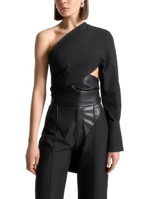 Manière De Voir Coralie One Sleeve Vegan Leather Wrap Top - Black