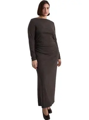 Mango Ruched Long Sleeve Knit Maxi Dress - Brown