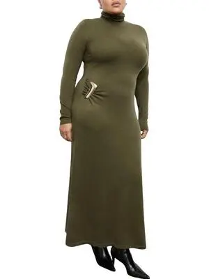 Mango Turtleneck Long Sleeve Knit Dress - Khaki Green