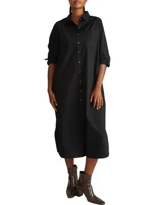 Universal Standard Odeon Long Sleeve Stretch Poplin Midi Shirt Dress - Black