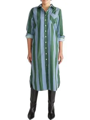 Universal Standard Odeon Long Sleeve Stretch Poplin Midi Shirt Dress - Green/blue Stripe