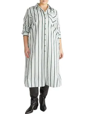 Universal Standard Odeon Long Sleeve Stretch Poplin Midi Shirt Dress - Green/white Stripe