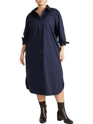 Universal Standard Odeon Long Sleeve Stretch Poplin Midi Shirt Dress - Navy Blue