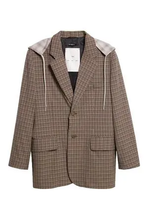 SONG FOR THE MUTE Square Glen Plaid Single-breasted Blazer With Drawstring Hood - Brown