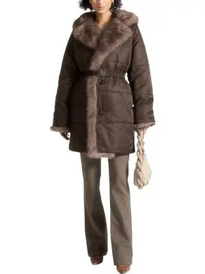 Manière De Voir Longline Puffer Coat With Faux Fur Trims And Belt - Brown
