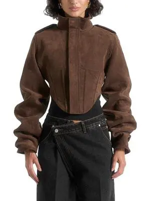 Manière De Voir Suede Corset Jacket With Tacked Sleeves - Brown