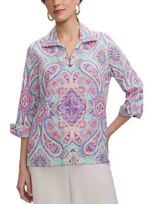 Foxcroft Paisley Linen Blend Pullover Shirt - Green/multi