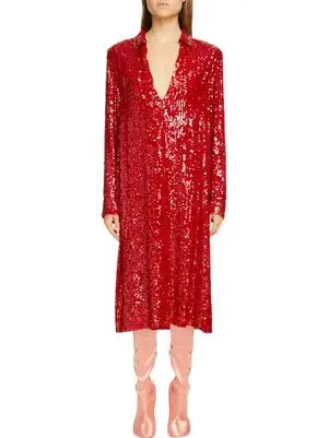 Dries Van Noten Della Sequin Long Sleeve Shirtdress - 352 Red