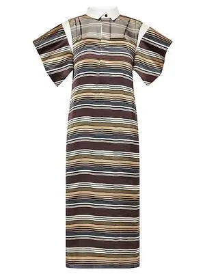 Sacai Striped Woven Shirt Dress - Brown Beige