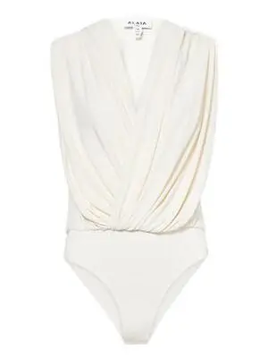 Alaïa Hooded Draped Woven Bodysuit - Panna Cotta