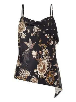 Camilla Asymmetric Draped Embellished Embroidered Printed Silk-satin Top - Black