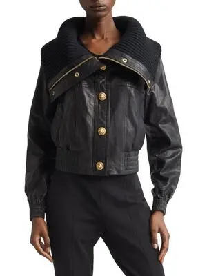 Balmain Lambskin Leather Bomber Jacket With Knit Collar - 0pa Black