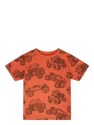 DEUX PAR DEUX Organic Cotton Jersey Trucks T-shirt - Orange Printed Trucks
