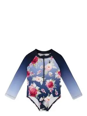 DEUX PAR DEUX One-piece Long Sleeve Rashguard - Blue With Roses Print