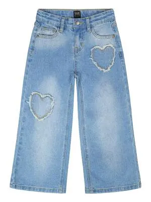DEUX PAR DEUX Wide Leg Denim Jeans With Heart Embroidery - Light Blue Denim