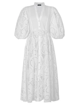 NO PISE LA GRAMA Bromelia Midi Dress With Puff Sleeves And Tie Waist - White Eyelet