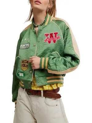 Free People Star Power Souvenir Bomber Jacket - Vintage Green Combo