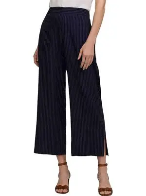 Foxcroft Jenna Pinstripe Wide Leg Crop Linen Blend Pants - Navy Blue/white