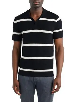Nordstrom Johnny Collar Short Sleeve Bouclé Sweater Polo - Black Cooper Stripe