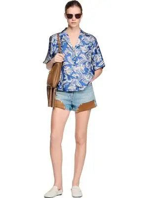 Sandro Floral Print Straight-cut Shirt - Blue / Ecru