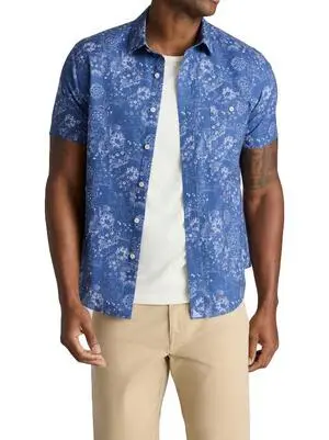 UNTUCKIT Monroe Regular Fit Paisley Summerweight Short Sleeve Cotton & Linen Button-up Shirt - Navy White