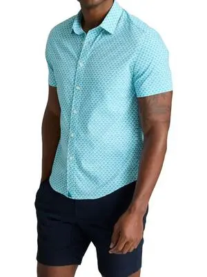 UNTUCKIT Abbott Shell Print Short Sleeve Performance Button-up Shirt - Teal White