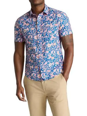 UNTUCKIT Quarry Regular Fit Paisley Summerweight Short Sleeve Cotton & Linen Button-up Shirt - Navy Pink