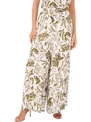 Vince Camuto Floral Wide-leg Drawstring Pants - Olive Mist