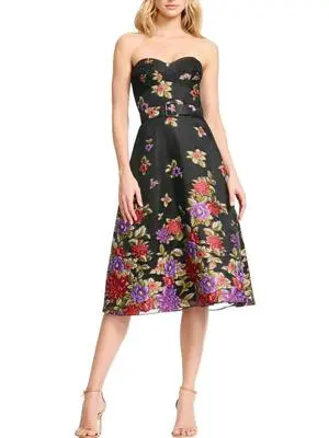 Dress The Population Floral Strapless Cocktail Dress - Black Multi