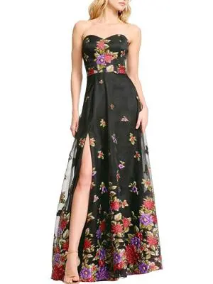Dress The Population Imogen Floral Strapless Gown - Black Multi