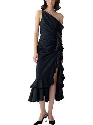 Carolina Herrera One Shoulder Ruched Midi Dress - Black