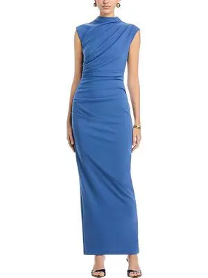 Aqua Long Scuba Crepe Ruched Mock Neck Dress - Slate