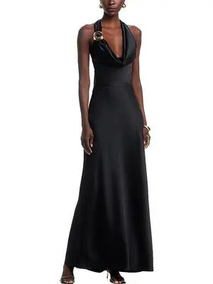 Aqua Long Satin Draped Halter Dress - Black